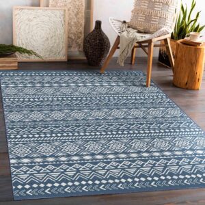 vivorug washable rug, ultra soft area rug 5x7, non slip abstract rug foldable, stain resistant rugs for living room bedroom, moroccan fuzzy rug (navy, 5'x7')