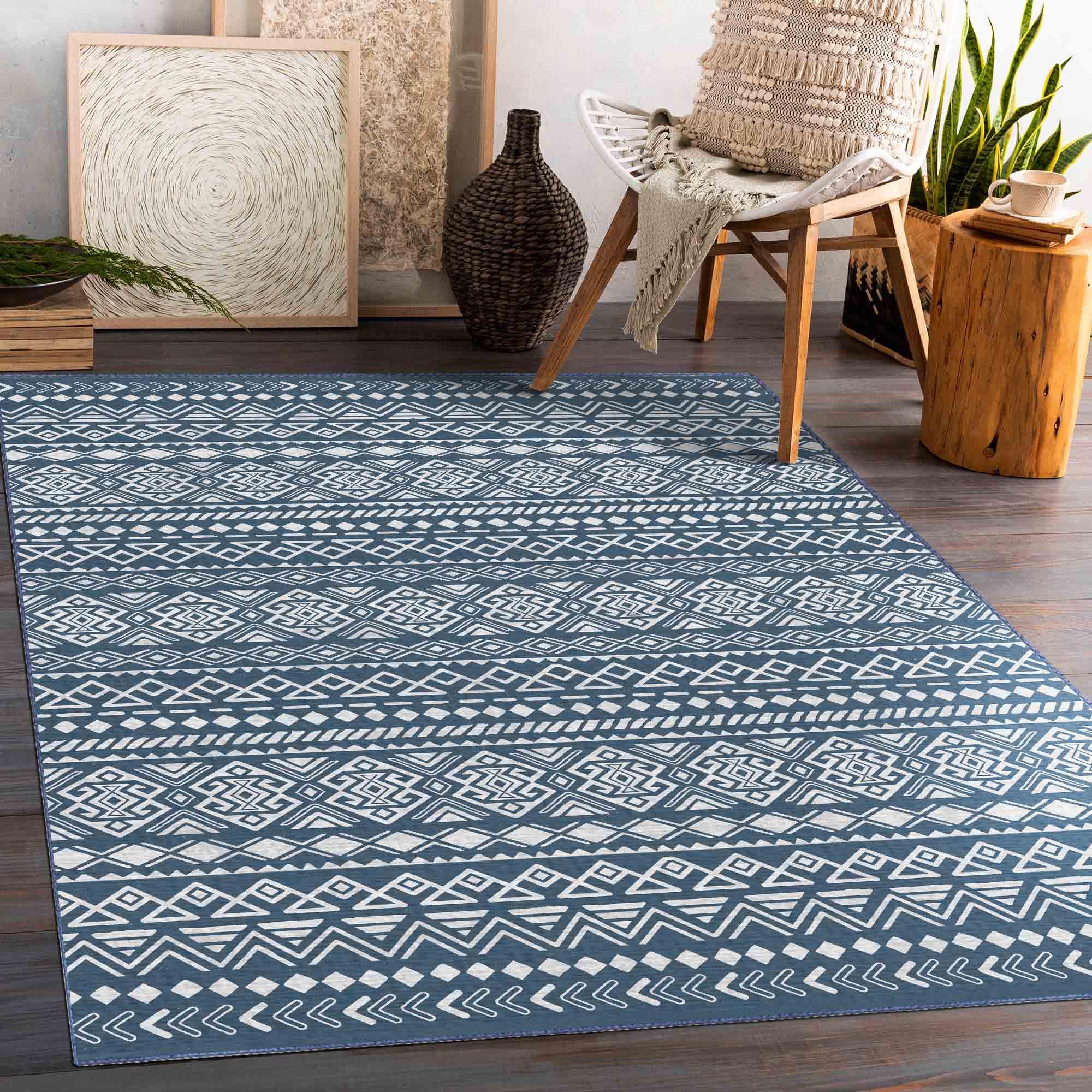 vivorug Washable Rug, Ultra Soft Area Rug 5x7, Non Slip Abstract Rug Foldable, Stain Resistant Rugs for Living Room Bedroom, Moroccan Fuzzy Rug (Navy, 5'x7')