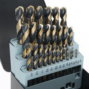 behappy drill bit set 29pcs, high speed steel carbide drill bits, twist jobber metal drill bits for steel, hardened metal, cast iron, plastic, wood, indexed storage case, 1/16"-1/2", black and gold