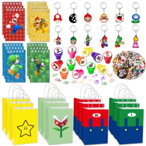 mario birthday party favors, 98 pcs mario party decorations supplies include mario gift bags, stamps, mini notebooks, keychains, stickers best gift bag filler for themed party.