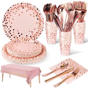 nkaiso 141 pieces pink and rose gold party supplies, party dinnerware sets include paper plates napkins cups silverware, for wedding bridal shower engagement birthday parties decoration -20 serves