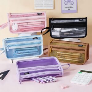 Four Candies Grid Mesh Pencil Case with Handle and Zipper, Clear Double-layer Pencil Pouch Marker Pouch, Travel Makeup Bag, Cute Transparent Stationary Organizer Pen Bag for Adult Office College