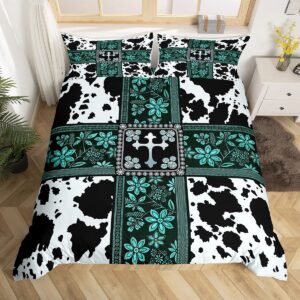 erosebridal cow print bedding queen floral turquoise decor comforter cover western cow decor duvet cover vintage farmhouse style bedding set rustic milk cow print bedspread cover,black green 3pcs