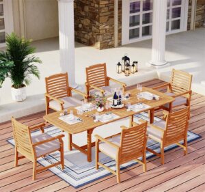 mfstudio 7 pieces patio dining set, outdoor table chairs set for 6, 1 x rectangular expandable acacia wood table, 6 x wood dinging chairs with removable cushions for garden, backyard, porch