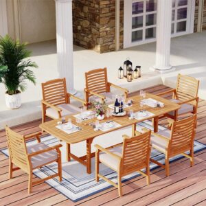 MFSTUDIO 7 Pieces Patio Dining Set, Outdoor Table Chairs Set for 6, 1 x Rectangular Expandable Acacia Wood Table, 6 x Wood Dinging Chairs with Removable Cushions for Garden, Backyard, Porch