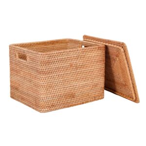 fiyammy rattan basket with lid, large lidded basket for storage rattan box(15.7" l×13"w×11.8"h)