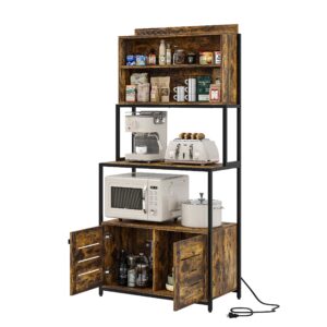 furniouse 5-tier kitchen bakers rack with power outlet, industrial microwave oven stand with shelves, kitchen utility storage shelf with cabinet, standing kitchen storage rack, rustic brown