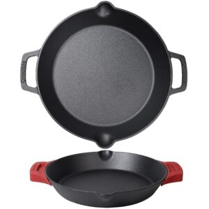 cast iron skillet - 12"-inch dual loop handle frying pans + silicone handle holder covers - oven safe cookware - indoor/outdoor use - use on any stovetop, grill, induction safe