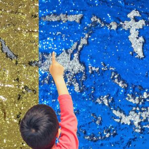 Sensory Wall Sequin Flip Fabric for Kids,0.2" Large Sequins Sensory Graffiti Fabric for Toddlers,Calming Corner Tactile Items Reversible Fabric (Half yd (18"*49"), Sapphire Blue + Silver)