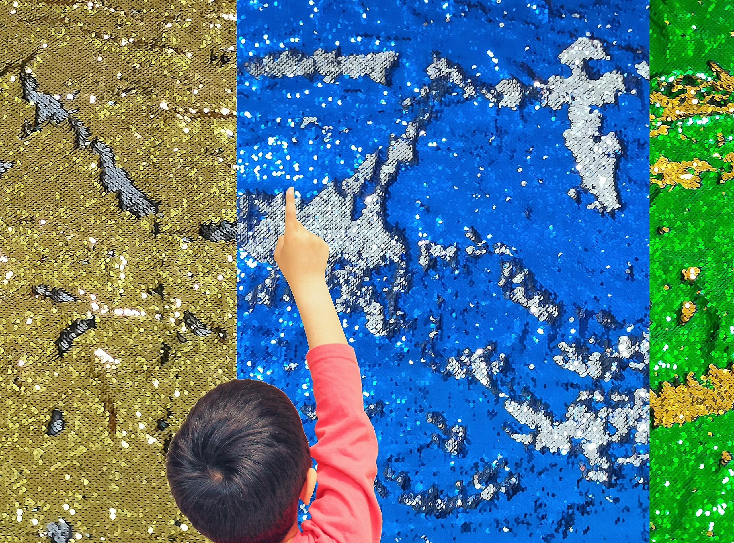 Sensory Wall Sequin Flip Fabric for Kids,0.2" Large Sequins Sensory Graffiti Fabric for Toddlers,Calming Corner Tactile Items Reversible Fabric (Half yd (18"*49"), Sapphire Blue + Silver)