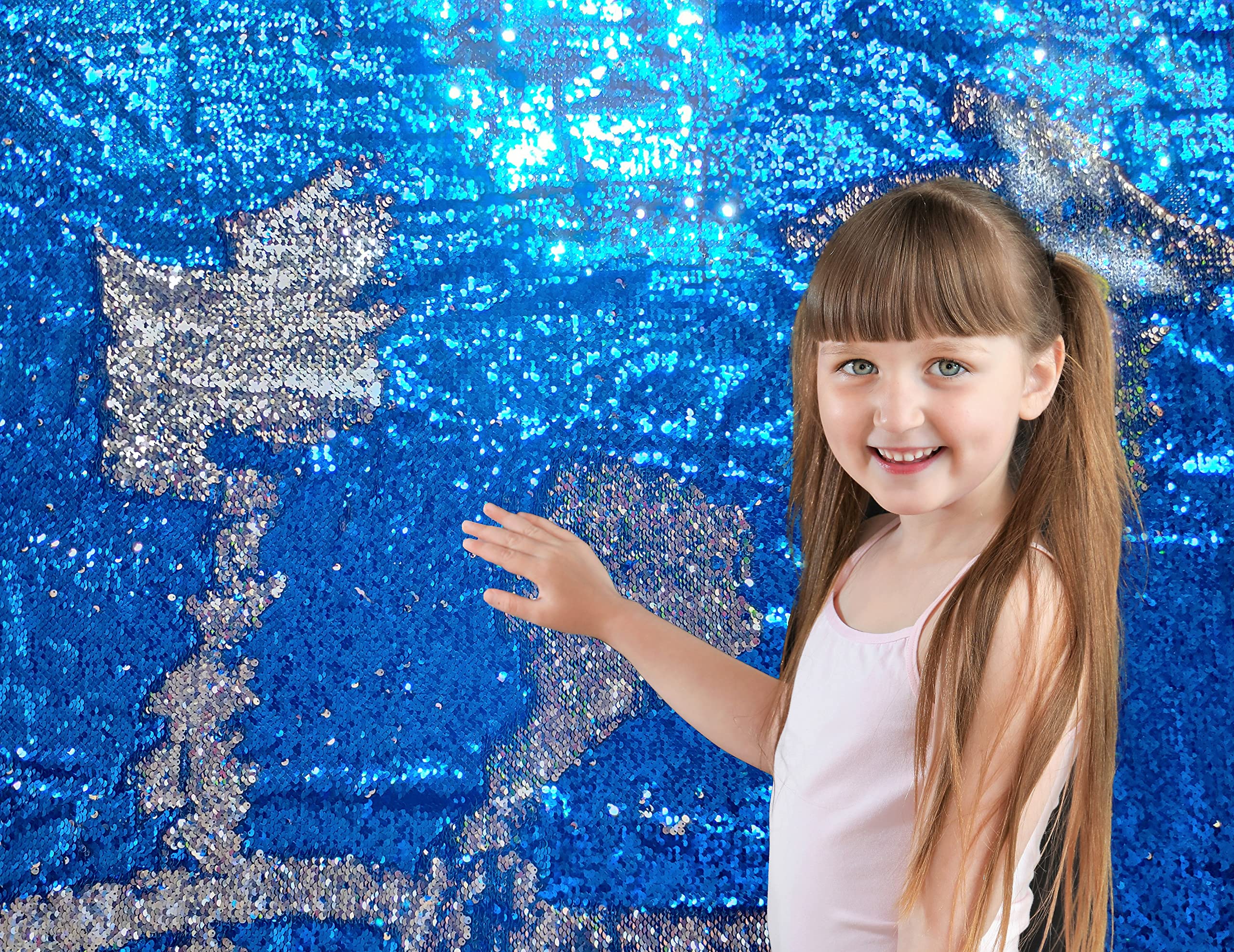 Sensory Wall Sequin Flip Fabric for Kids,0.2" Large Sequins Sensory Graffiti Fabric for Toddlers,Calming Corner Tactile Items Reversible Fabric (Half yd (18"*49"), Sapphire Blue + Silver)