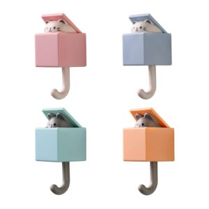 lenedi 4 pcs creative adhesive coat cat hook, cute cat key holder for wall, plastic home storage utility wall decorations hanger pet hooks for hanging hat key towel scarf bags, punch free