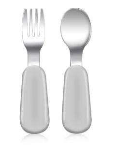 2 pcs toddler utensils, stainless steel toddler silverware set with round handle, baby forks for self feeding, 1 toddler fork and 1 toddler spoon, bpa free