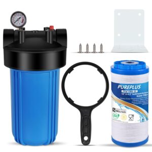 pureplus 1-stage whole house water filter, with iron manganese reducing water filter, 10"x4.5" cartridge universal housing, pre-filtration system for well water, 1" npt port, pressure release