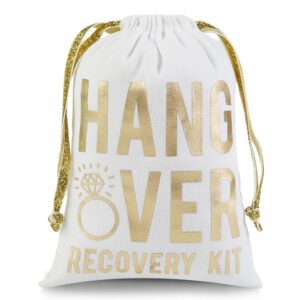 sherway gold foiled hangover kit bags wedding party favor bags for bachelorettes party drawstring bridesmaid gift bags (10pcs, white, 5 x 7 inch)