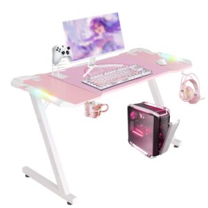 youthup pink gaming desk with led lights, 55" z shaped rgb gaming computer table, ergonomic pc workstation with remote control, cup holder, handle rack, headphone hook, mouse pad for home office use