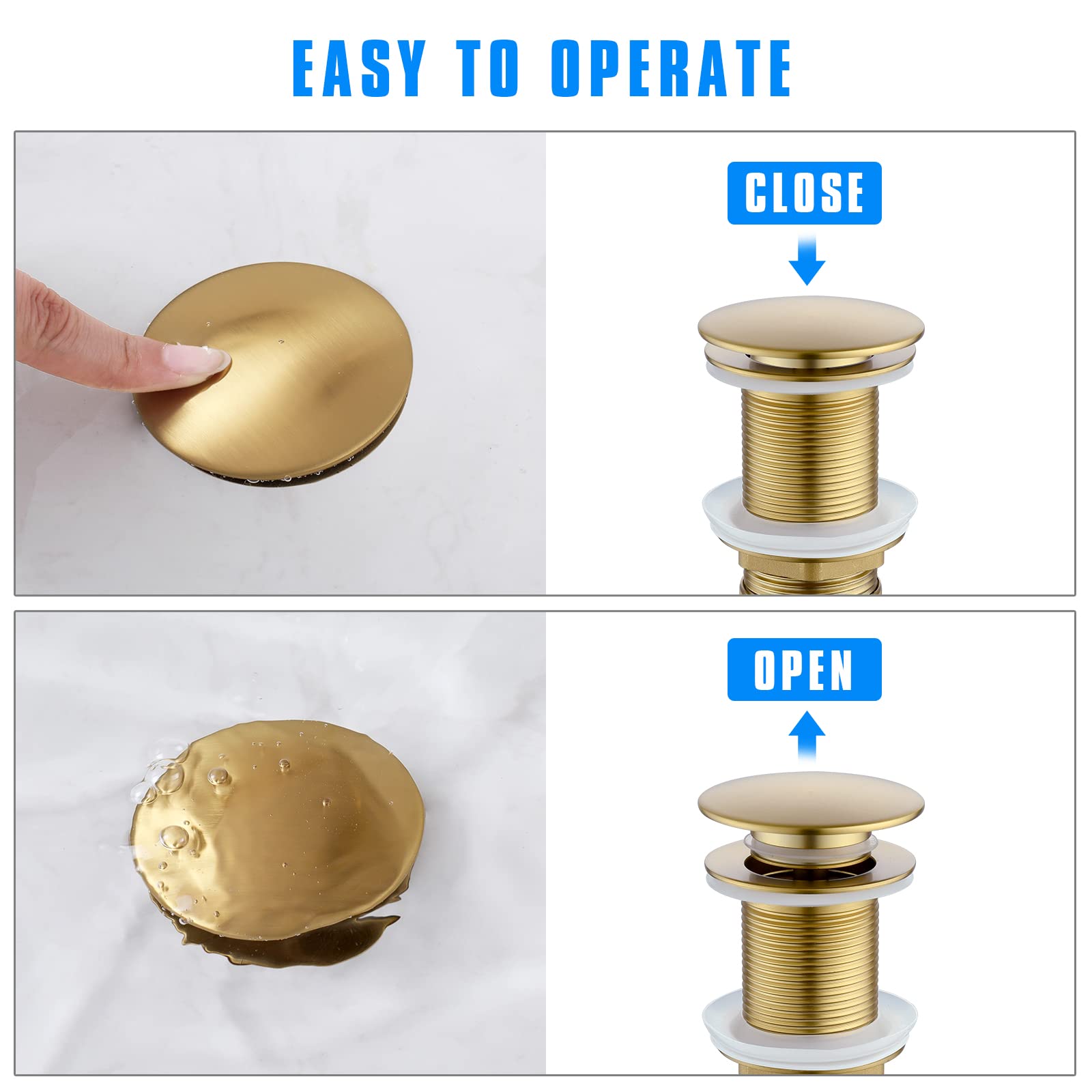 JONKEAN Bathroom Pop Up Drain Without Overflow,Vanity Vessel Sink Drain with Detachable Strainer Basket,Pop Up Drain Stopper Hair Catcher, Built-in Anti-Clogging Strainer(Brushed Gold)