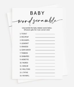 all ewired up 50 baby shower word scramble game (50-cards) fun baby shower game activity, gender neutral boy or girl, minimalist