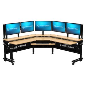 versadesk® foundry bench 80" x 80" extra wide l-shaped split-level corner standing desk | electric height adjustable. 1" bamboo surface. usb & usbc charging ports. mobile app controllable.