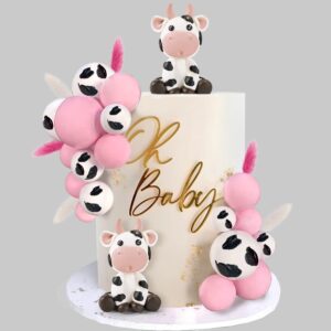 keeparty cow & ball cake toppers, 26pcs, farm animal themed, clay, pink and white, for baby shower, birthday, girls and boys party supplies