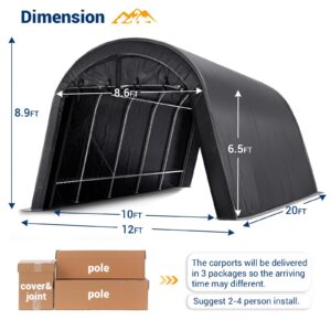 UDPATIO 12x20 FT Heavy Duty Carport, Round Style Portable Garage Waterproof Anti-Snow Shelter Storage Canopy, Doors Sheds & Outdoor Storage for Car,Vehicle,Truck, Black