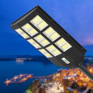 opkiddle 900w solar street light outdoor waterproof dusk to dawn, 90000 lumens 6500k high brightness solar powered commercial led street lamp, with pole, remote control