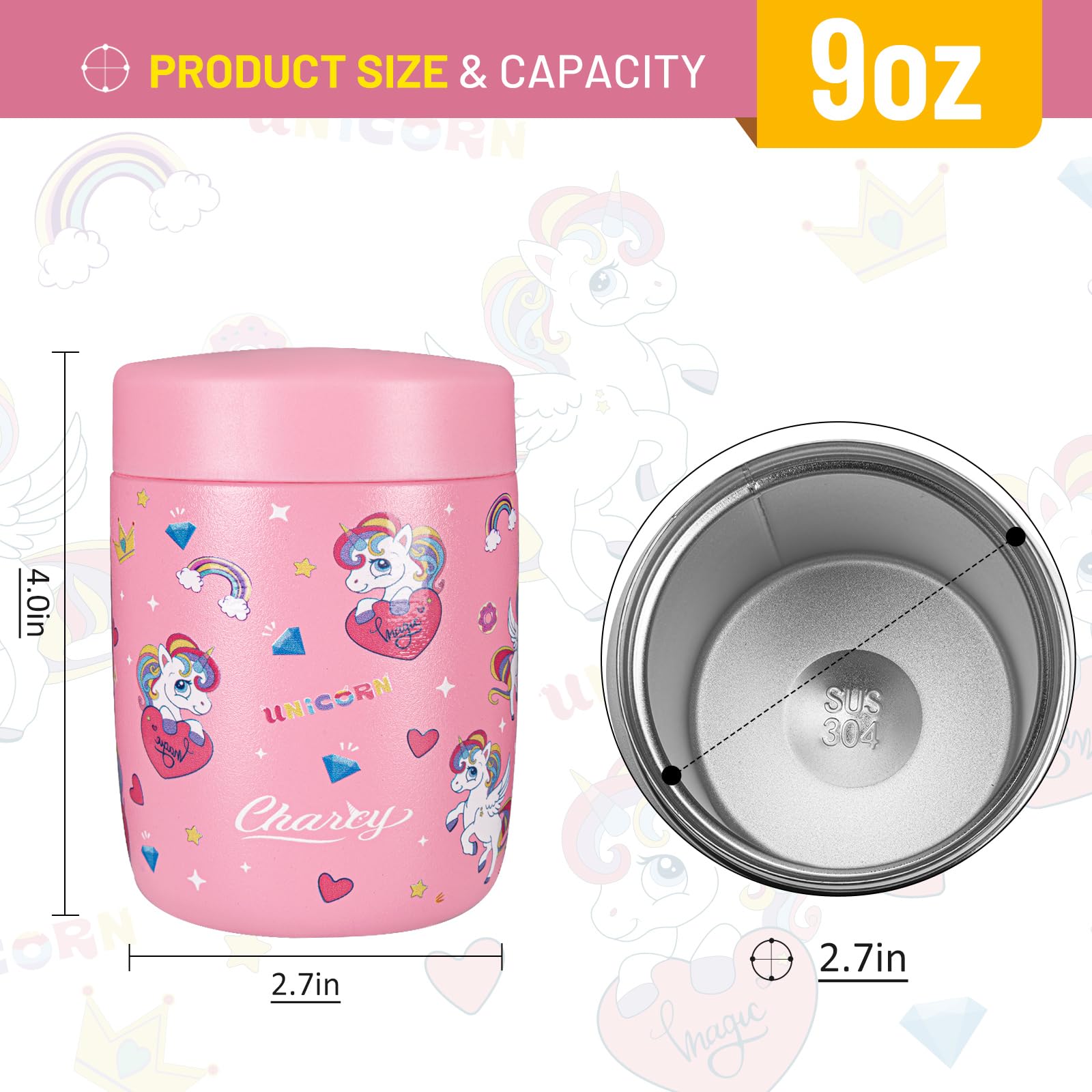 Charcy 9oz Stainless Steel Vacuum Insulated Kids Food Jar - Soup Thermo for Hot & Cold Food - Magenta Unicorn