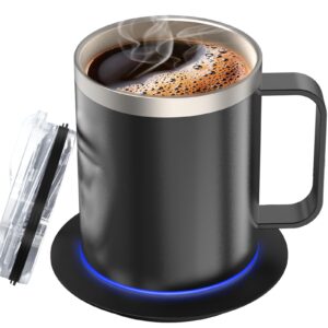 self heating coffee mug,12oz heated mug with double-layer 18/8 stainless steel,131℉ beverage cup warmer with mug set for desk home & office (black)