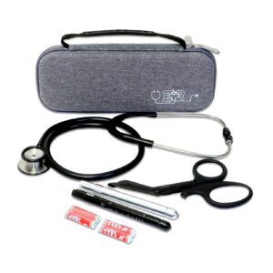 ever ready first aid stethoscope case, grey, with rubber grip handle, includes a dual head stethescope, titanium shears,and 2 penlights black & silver