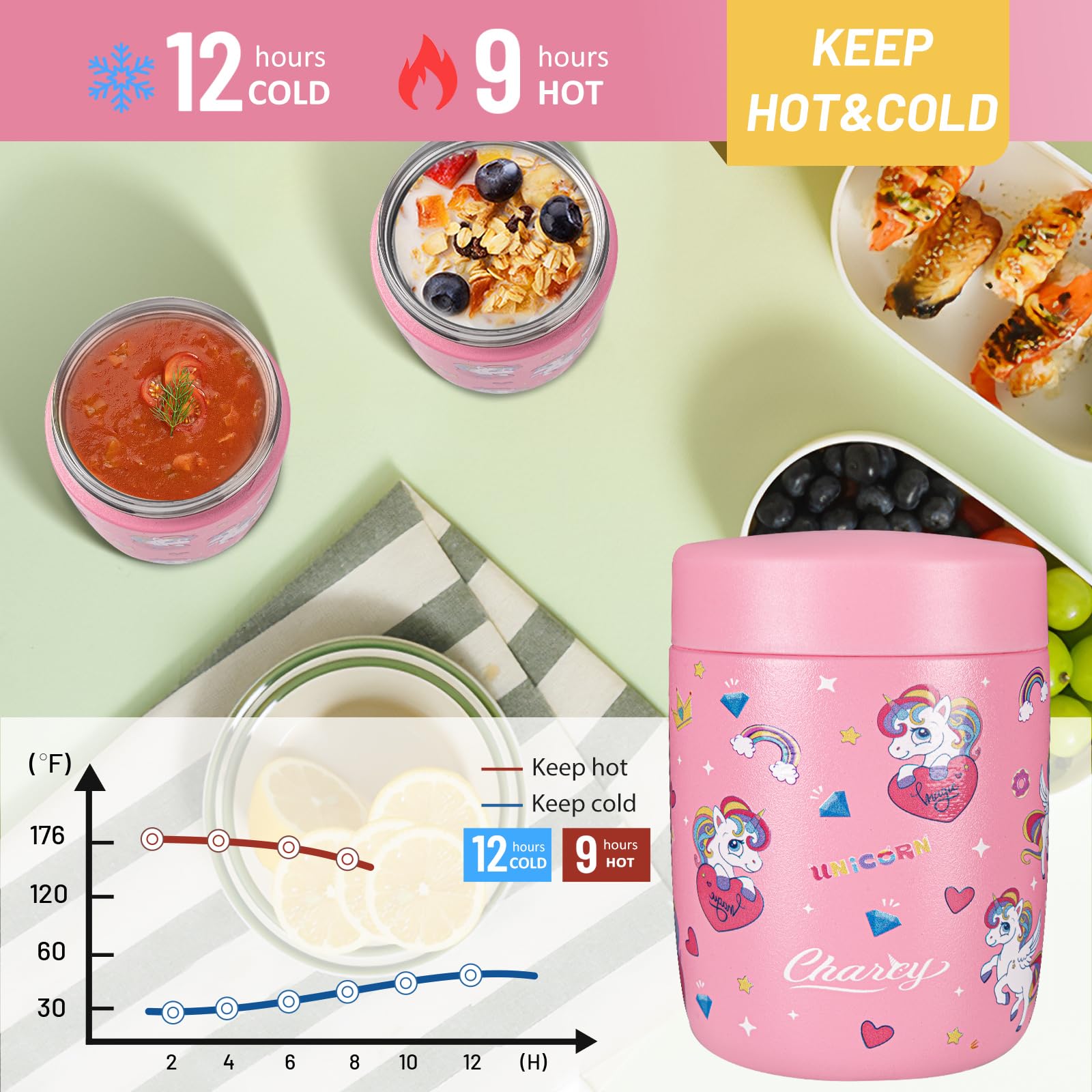 Charcy 9oz Stainless Steel Vacuum Insulated Kids Food Jar - Soup Thermo for Hot & Cold Food - Magenta Unicorn