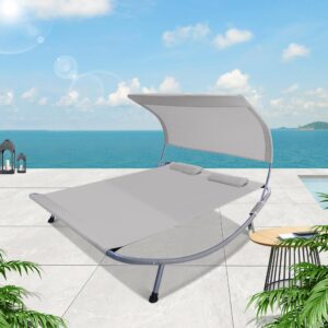 qzen double chaise lounge bed with canopy & headrest pillow, outdoor patio daybed with wheelsfor beach, backyard, lawn, garden, courtyard (grey)