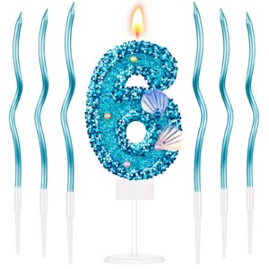 landhoow 2.76 inch birthday candle shell sequins blue candle with 6 pcs 6.7 inch twisty curly coil candles for baby girl boy birthday cake topper anniversary wedding mermaid party decor(number 6)