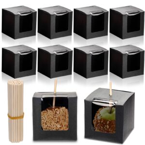 zeayea 50 pack candy apple boxes with hole and sticks, 4" x 4" x 4" caramel apples gift box with clear window for party, wedding, halloween, thanksgiving, carboard treat box for candy making