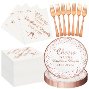 150 pcs bridal shower rose gold party supplies napkins plates forks tableware disposable dinnerware set for bridal shower wedding engagement bachelorette party decorations (cheers style)