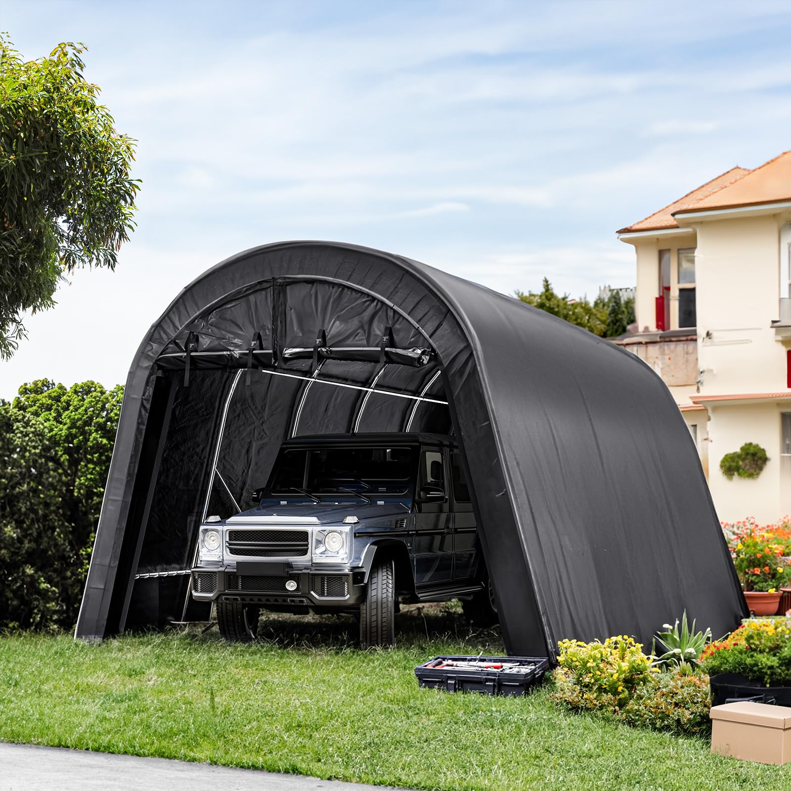 UDPATIO 12x20 FT Heavy Duty Carport, Round Style Portable Garage Waterproof Anti-Snow Shelter Storage Canopy, Doors Sheds & Outdoor Storage for Car,Vehicle,Truck, Black