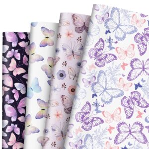 anydesign 12 sheet butterfly wrapping paper purple pink butterfly gift wrap paper bulk spring art paper for wedding baby shower birthday diy crafts gift packing,19.7 x 27.6 inch, folded flat, 4 design