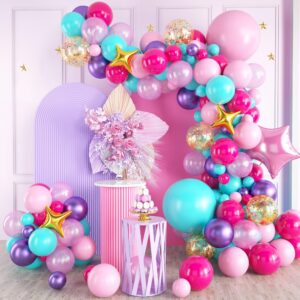 pink purple balloon arch kit, blue pink purple balloon arch kit, hot pink teal balloons arch, hot pink balloon garland with confetti and foil balloons for girls birthday party decorations