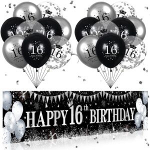 black silver happy 16th birthday decorations black silver happy 16th birthday banner yard sign and 18pcs black silver 16th birthday balloons for boys girls birthday anniversary party decor supplies