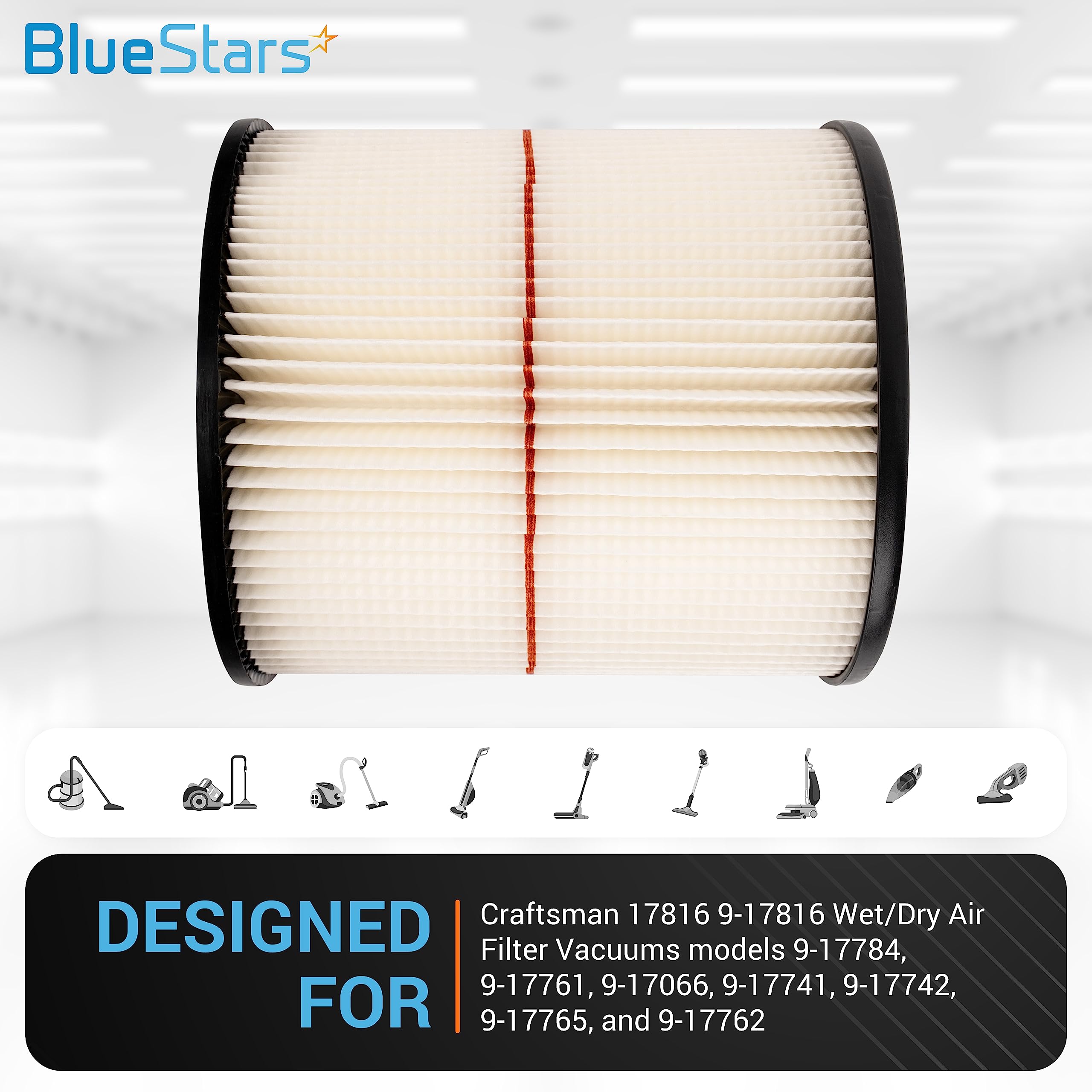 Ultra-Durable Replacement 9-17816 Vacuum Filter for Craftsman 17816 9-17816 Wet/Dry Air Filter Replacement Part fit 5 6 8 12 16 32 Gallon Vacuum Cleaner by BlueStars - Pack of 2