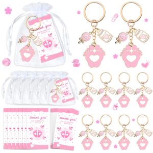 buywumore 12 sets baby shower favors pink footprint keychains gifts with bottle lollipop white organza bags and thank you tags for it's a girl decorations baby shower party supplies (pink)