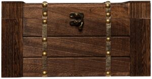 wood and leather treasure chest with latch, storage, gift, decoration, pirate chest, vintage handmade craft box for jewelry, tarot cards, and home decorations (brown and gold 11 x 7 x 5.8 inches)