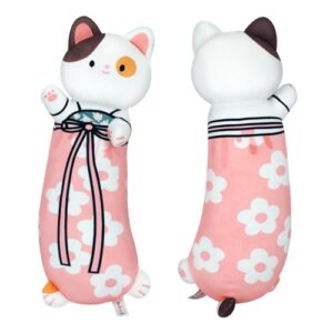 terbaik long cat plush pillow, cherry-blossom, 20 in, kawaii cat stuffed animal body pillow for girls, boys, and girlfriend - soft & fluffy (pink)