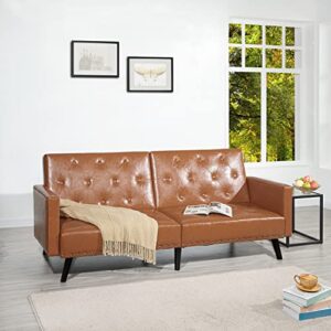 naomi home jolene tufted split back futon, mid century convertible sofa bed for small rooms, faux leather couch, perfect for your modern living room- caramel, faux leather