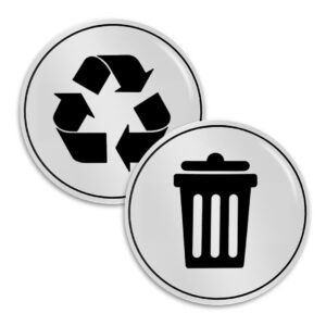 trash and recycle stickers set of 2 | indoor outdoor uv stable & weatherproof | kitchen pantry office organization | garbage bin and waste basket label | 3x3 inch round recycling and trash sticker