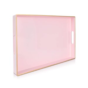 gifturbo pink serving trays,decorative serving tray with handles, coffee table tray rectangular plastic tray for ottoman bathroom,living room, 15.7” x 10.2” x1.37”