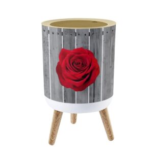 nbwee shabby chic small trash can with lid red rose on black and white on wooden board wastebasket with legs simple round garbage bin for kitchen, bathroom, bedroom, powder room 1.8 gallon - 7l