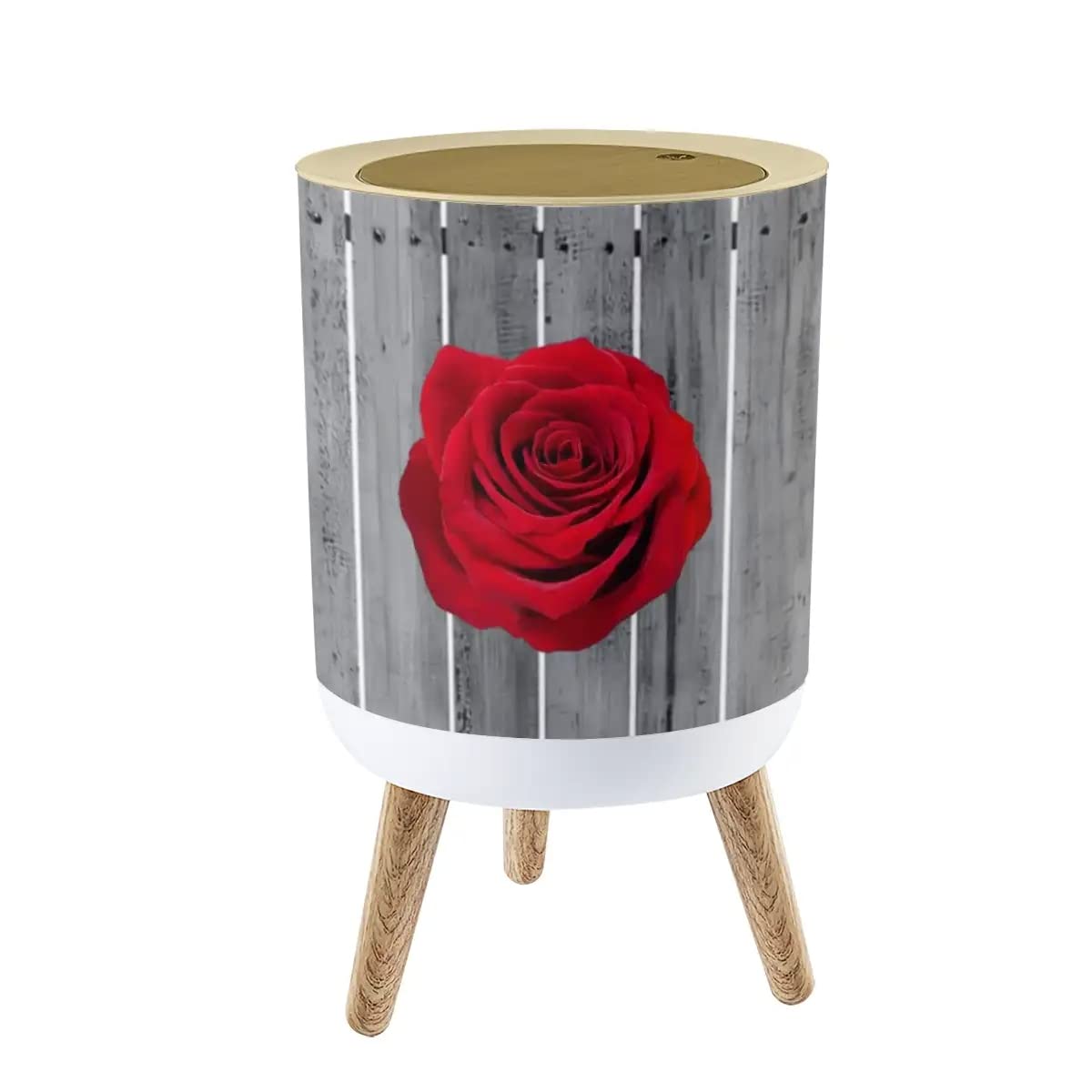 NBWEE Shabby Chic Small Trash Can with Lid Red Rose on Black and White on Wooden Board Wastebasket with Legs Simple Round Garbage Bin for Kitchen, Bathroom, Bedroom, Powder Room 1.8 Gallon - 7L