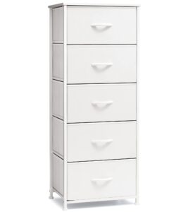 crestlive products tall dresser vertical storage tower - sturdy steel frame, wood top, easy pull fabric bins - organizer unit for bedroom, hallway, entryway, closets - 5 drawers(white)