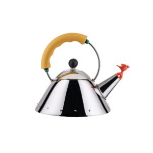 alessi kettle 9093/1 y - kettle with magnetic bottom suitable for induction cooking, in 18/10 stainless steel mirror polished with handle and small bird-shaped whistle in pa, yellow