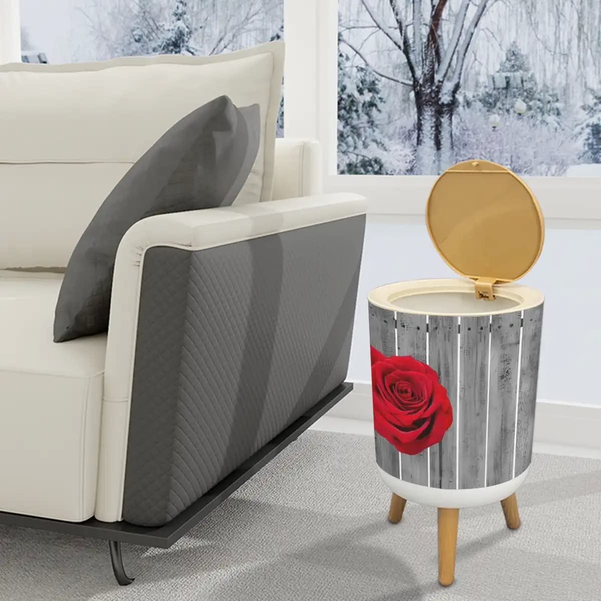 NBWEE Shabby Chic Small Trash Can with Lid Red Rose on Black and White on Wooden Board Wastebasket with Legs Simple Round Garbage Bin for Kitchen, Bathroom, Bedroom, Powder Room 1.8 Gallon - 7L